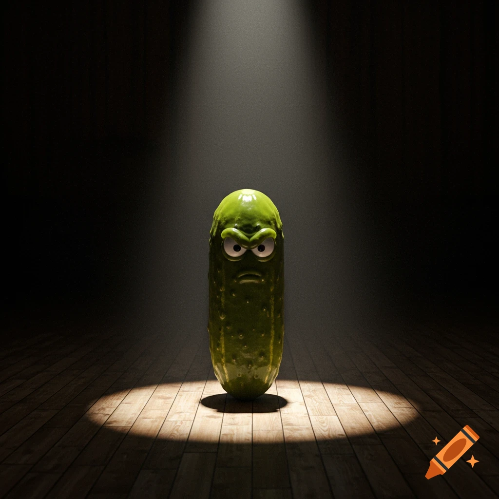 A lonely, angry, realistic pickle stands on a wooden stage floor ...