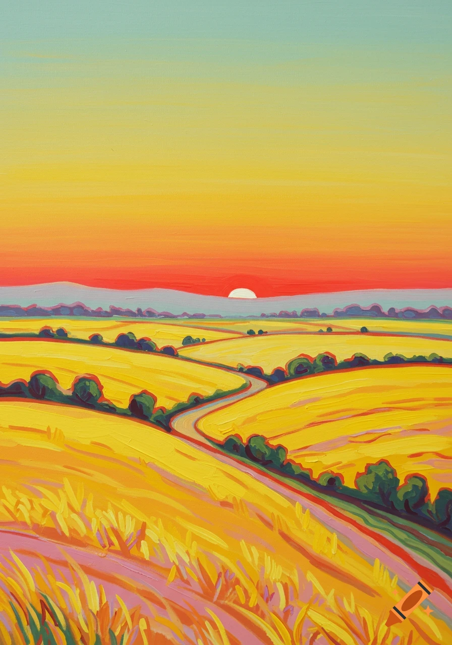 Vibrant expressionist painting of yellow fields, a winding path, and a ...