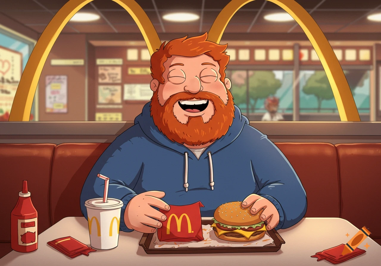 A cartoon man with a red beard laughing while eating a burger and fries ...