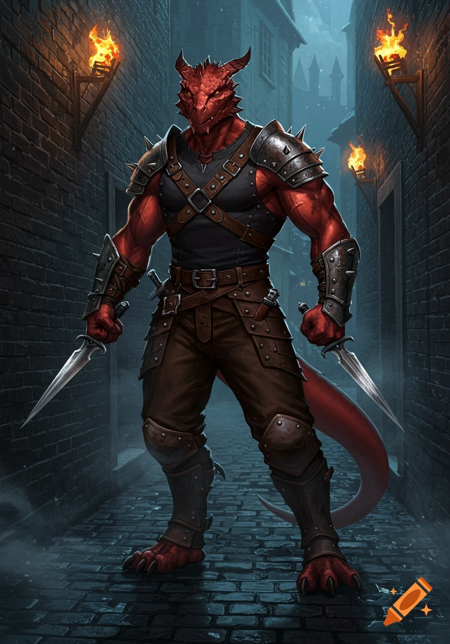 A muscular red dragonborn rogue in studded leather armor stands in a ...