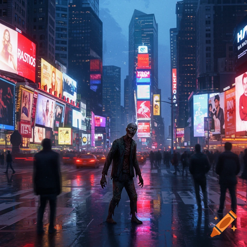 A lone zombie stands in the rain on a busy city street at night ...