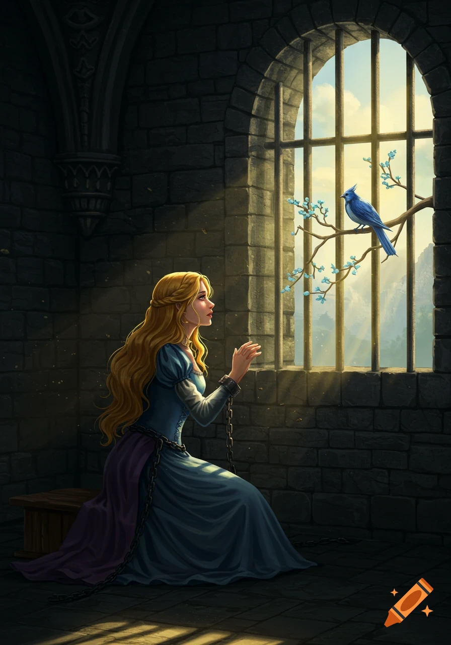 A blonde princess in a blue dress, chained in a dark stone cell, looks ...