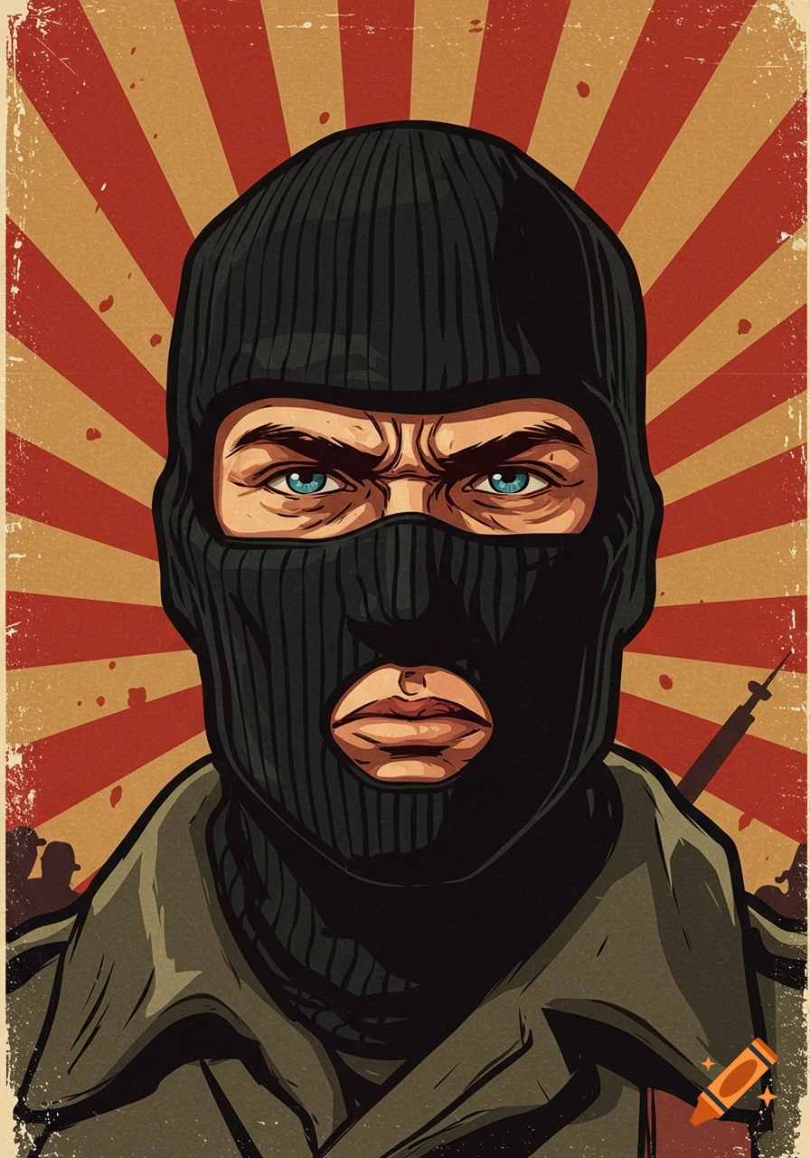 A cartoon-style propaganda poster of a man in a black balaclava with ...