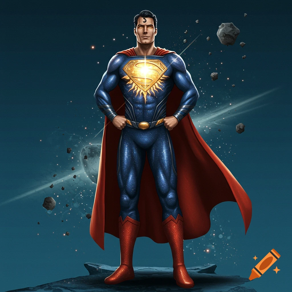 Superman in a blue and red suit with a glowing sun logo, red cape, and ...