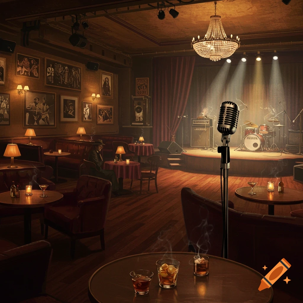 A dim, vintage jazz lounge with a stage, drum kit, an old-school ...