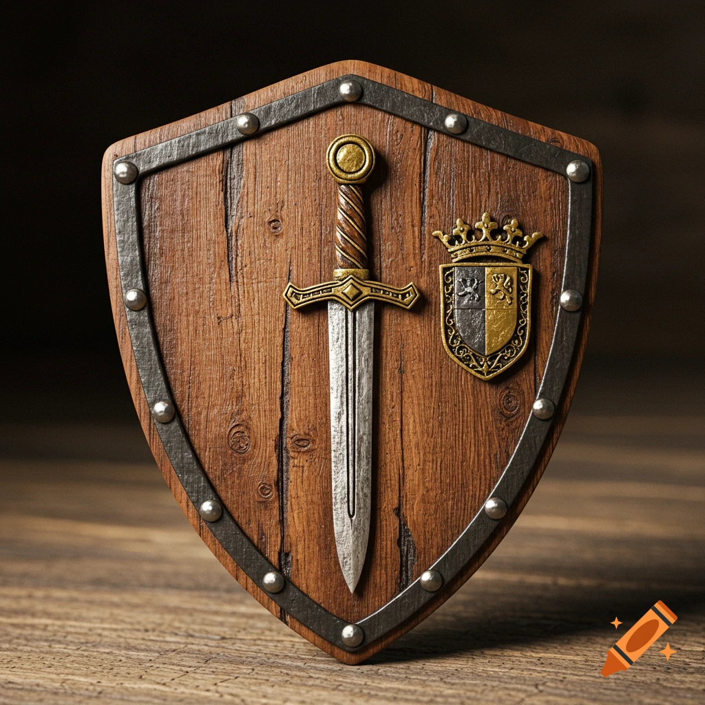 A wooden shield featuring a prominent sword and a crowned noble ...