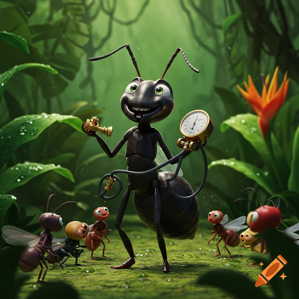 A happy, smiling cartoon ant stands in a lush jungle, holding a ...