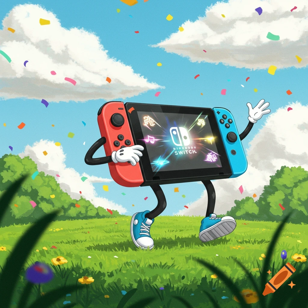 A cartoon Nintendo Switch console with arms, legs, and blue sneakers ...