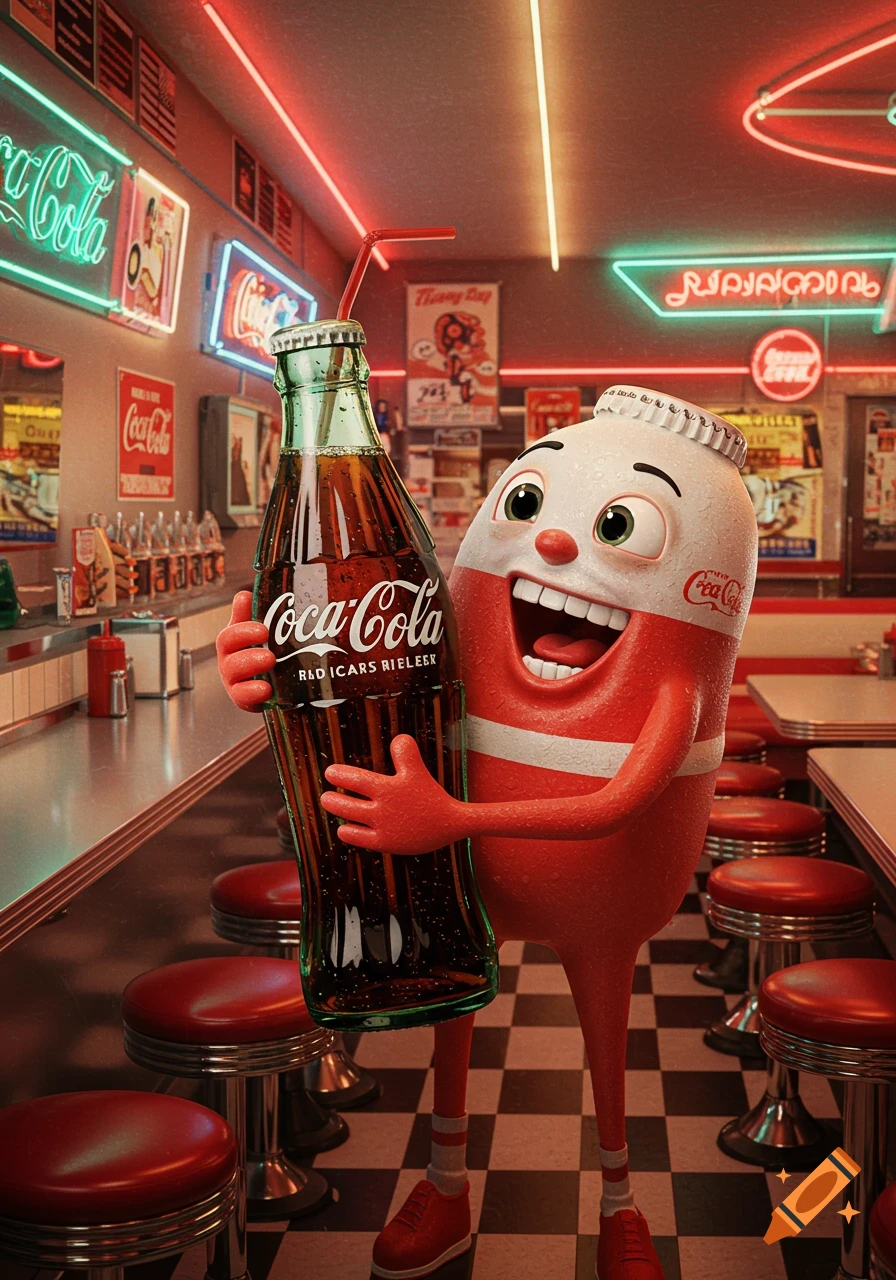 A cartoon character, shaped like a white and red soda bottle cap ...