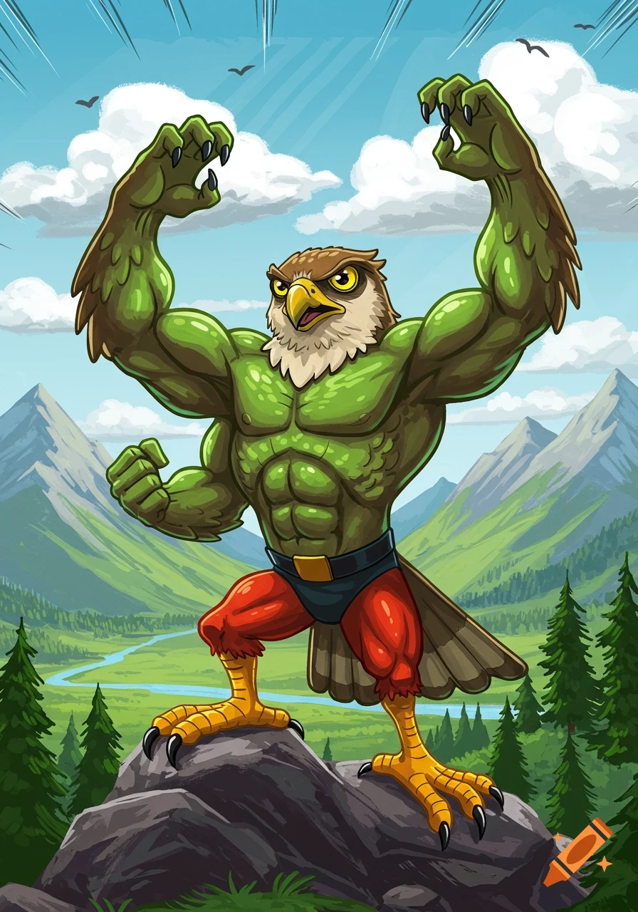 Cartoon muscular green hawk-man superhero flexing on a rock in a ...