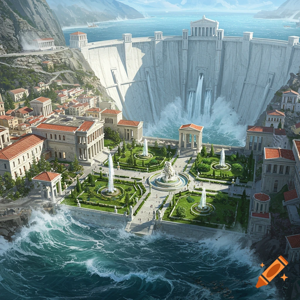 A grand Roman-style city with classical architecture and lush gardens ...