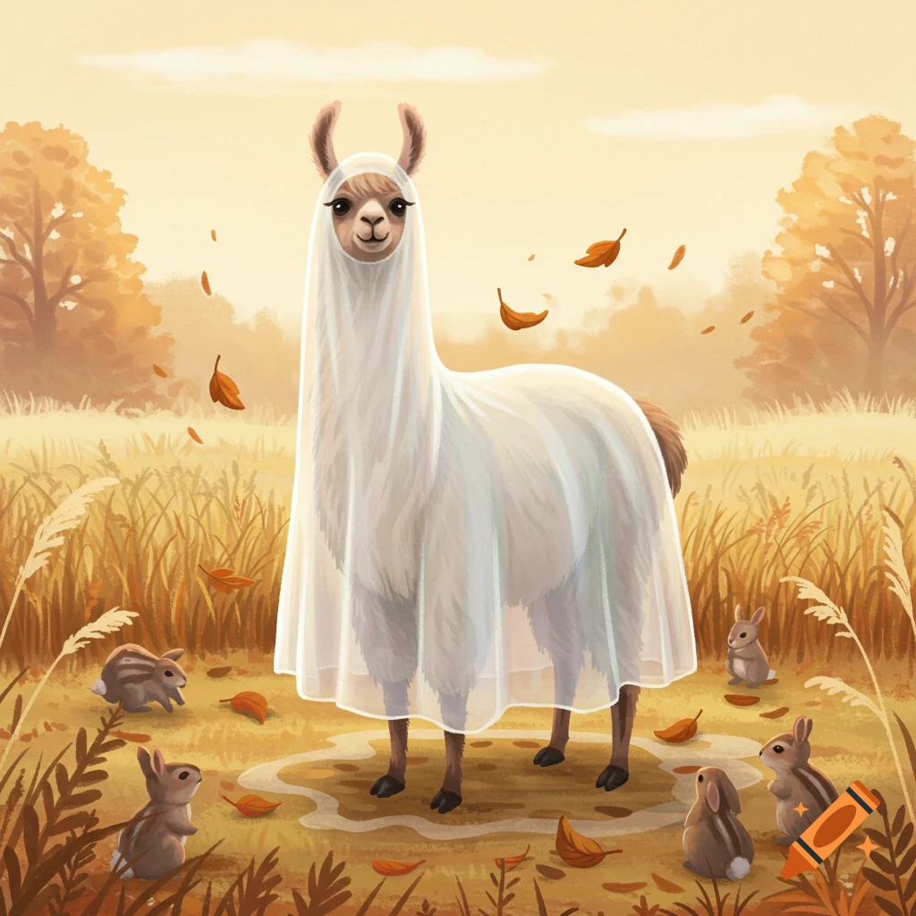 An illustrated llama dressed as a sheet ghost stands in a golden autumn ...