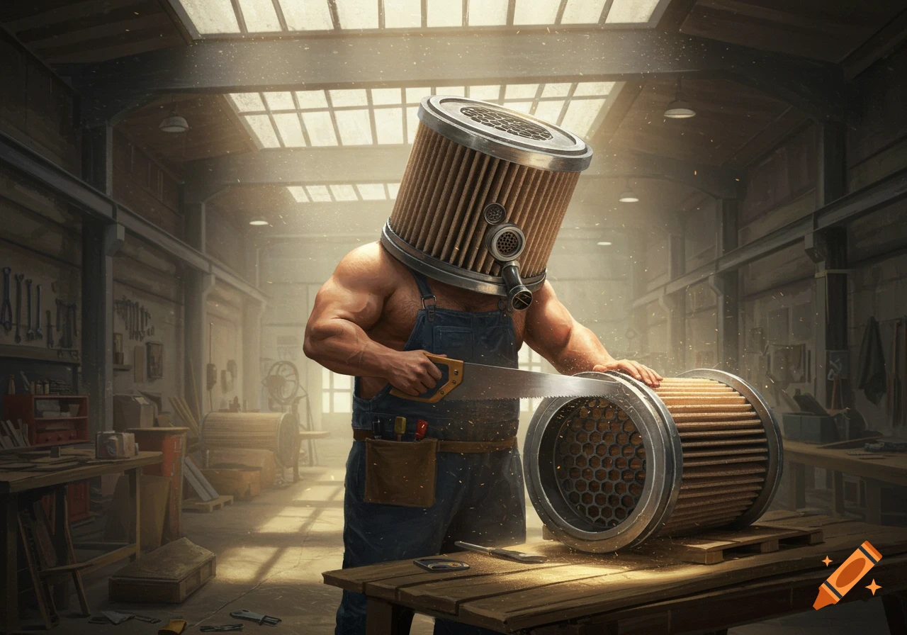 Muscular man with an air filter mask sawing a large air filter in a ...