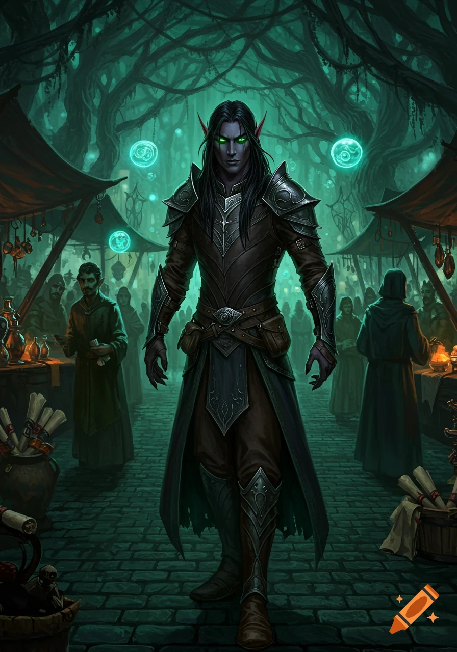 A dark elf with black hair and glowing green eyes in dark armor walks ...
