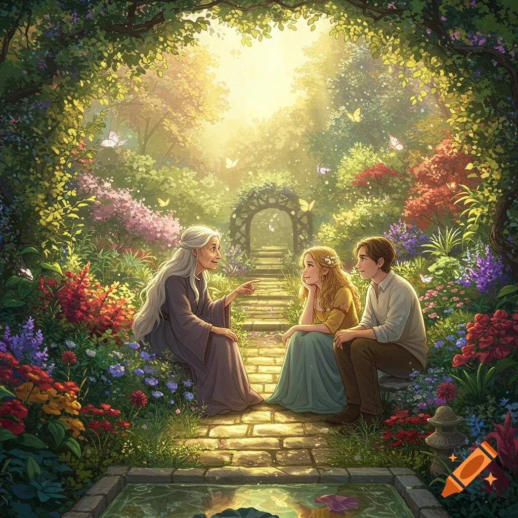 A wise old woman talks to a young couple in a lush, vibrant magic ...