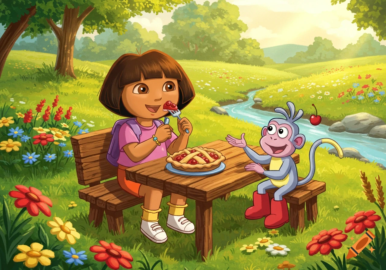 Dora the Explorer and Boots eat cherry pie at a picnic table in a sunny ...