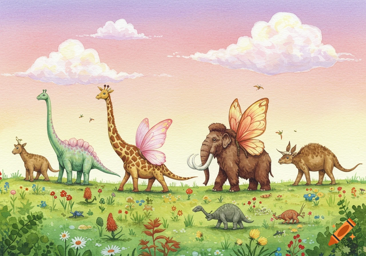 A whimsical watercolor illustration of various fantasy prehistoric ...