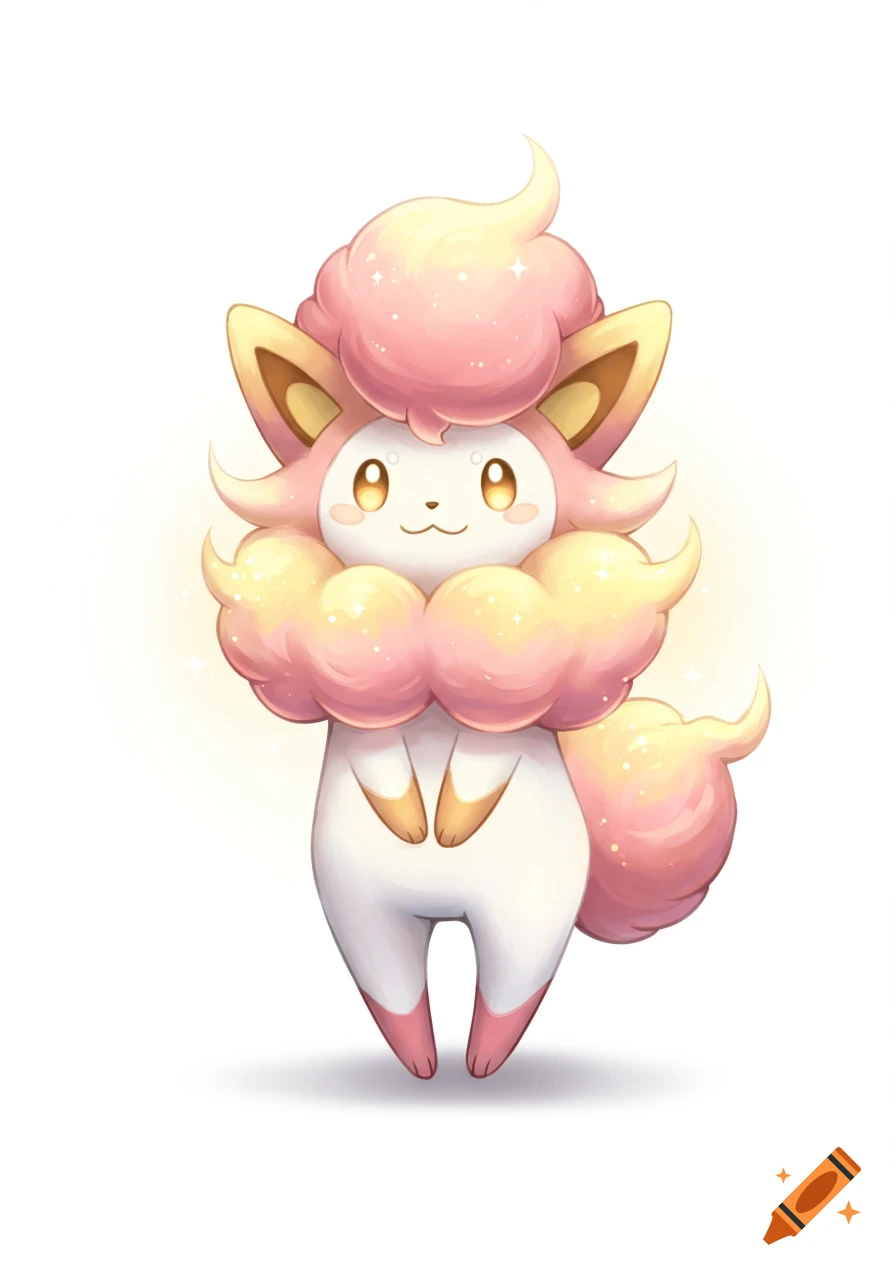 A cute, fluffy Pokémon-like creature with pastel pink, gold, and white ...