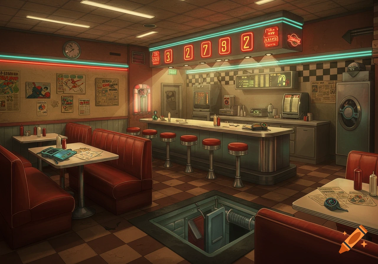 A stylized, retro-futuristic 50s diner with red booths, a long counter ...