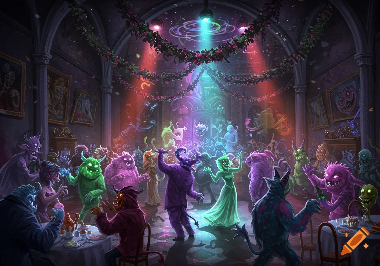 Vibrant illustration of a monster party in a grand, dimly lit hall ...