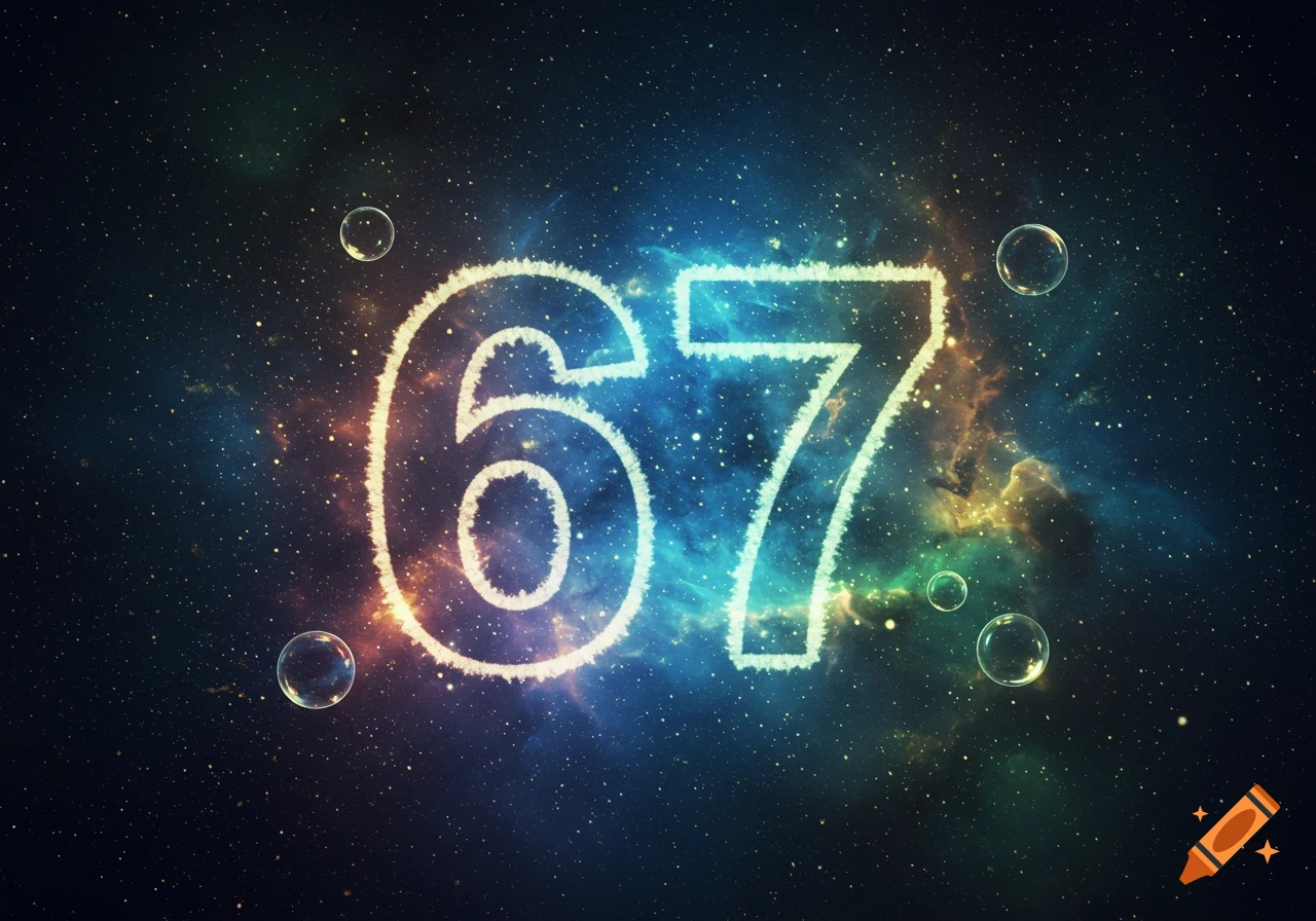 The glowing number 67 against a vibrant starry galaxy background with ...
