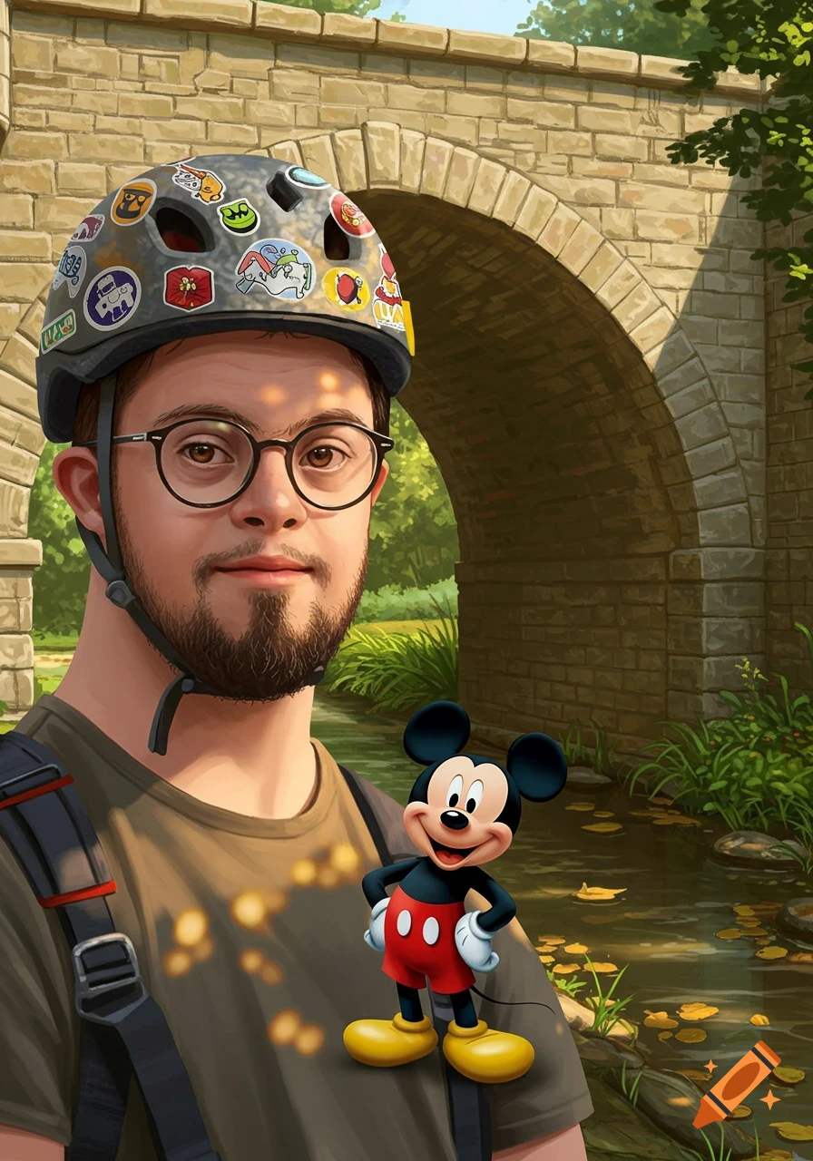 Illustrated man with beard, glasses, and sticker helmet, under a bridge ...