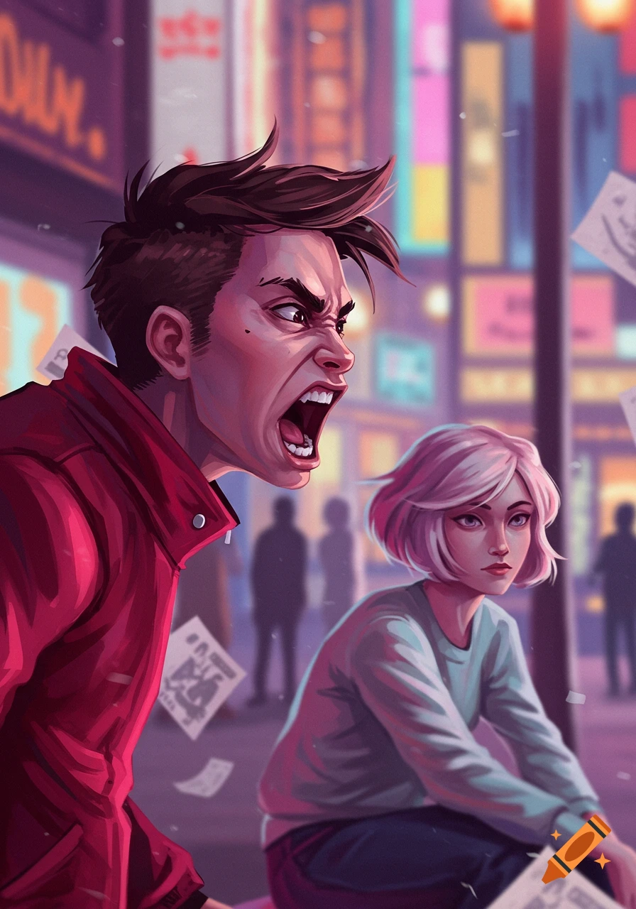 A vibrant comic art illustration of an angry man yelling while a calm ...