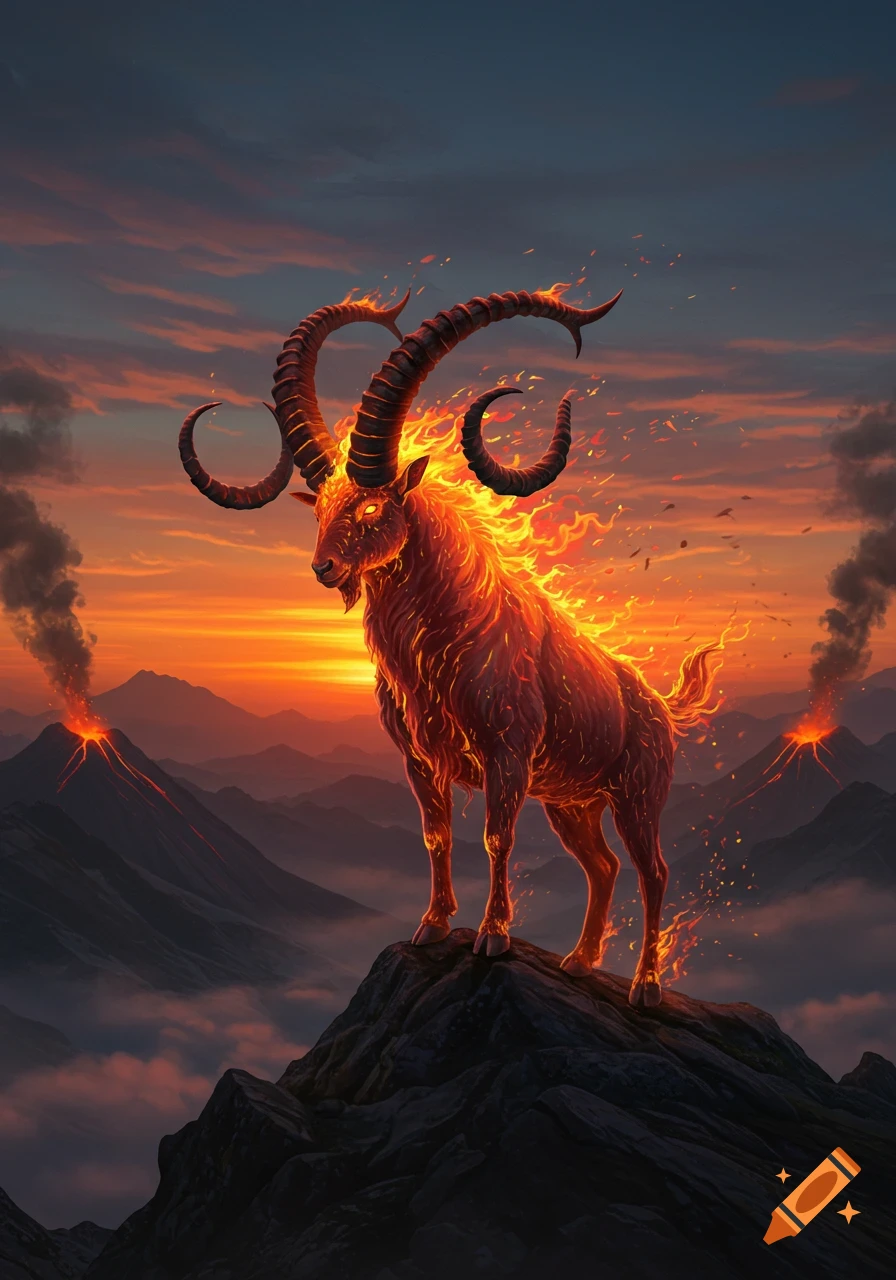 A mythical fiery goat-like creature stands on a mountain peak with ...