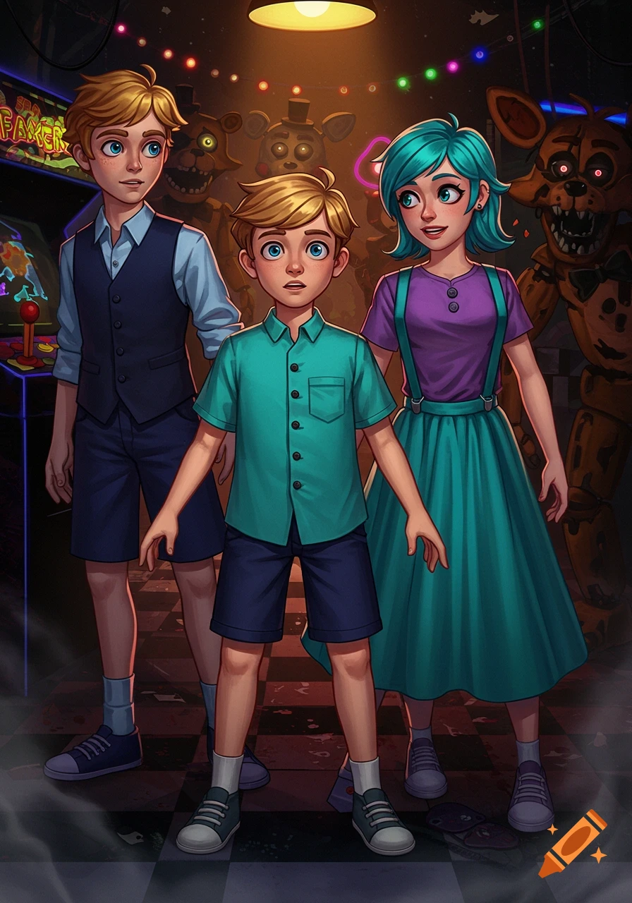 Three children in an arcade, two boys and one girl, stand in front of ...