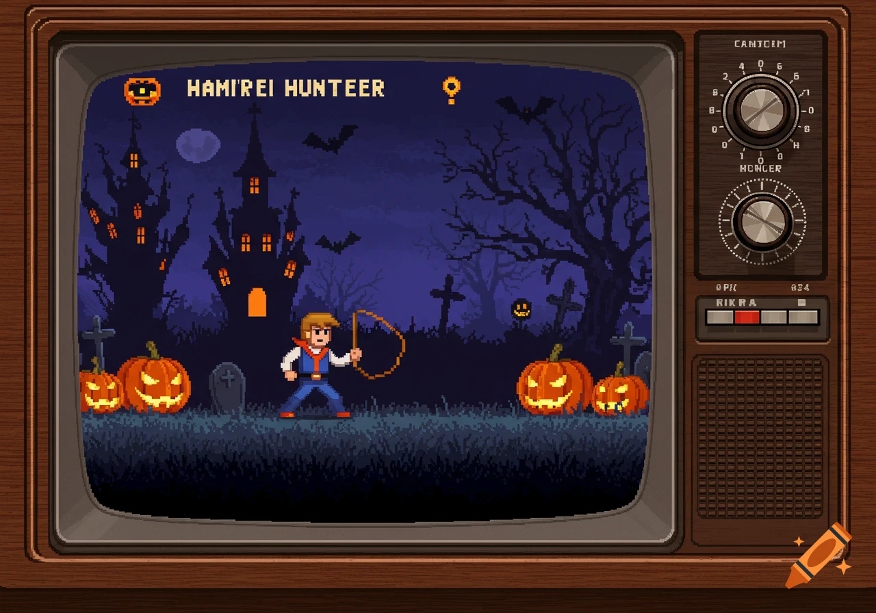 A pixel art 8-bit Halloween video game on a retro TV, featuring a ...