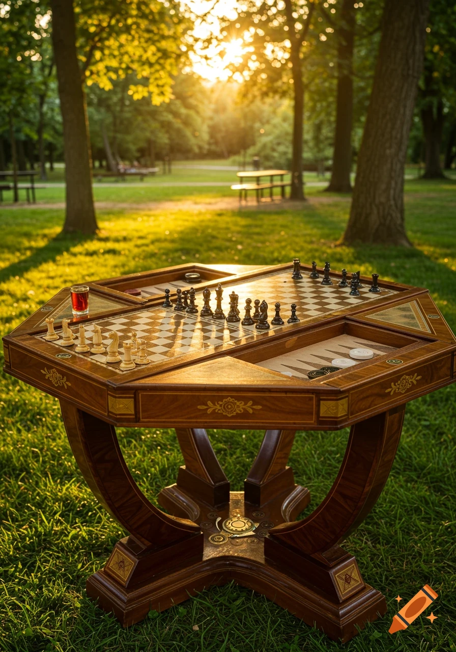 An ornate wooden multi-game table with chess and backgammon boards in a ...