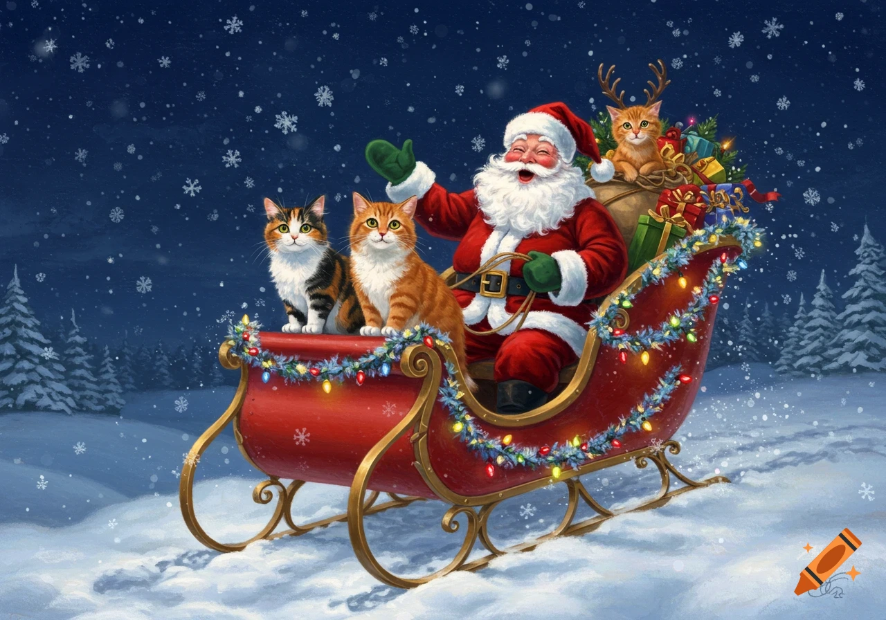 Santa Claus, a calico cat, and two ginger cats ride in a festive sleigh ...