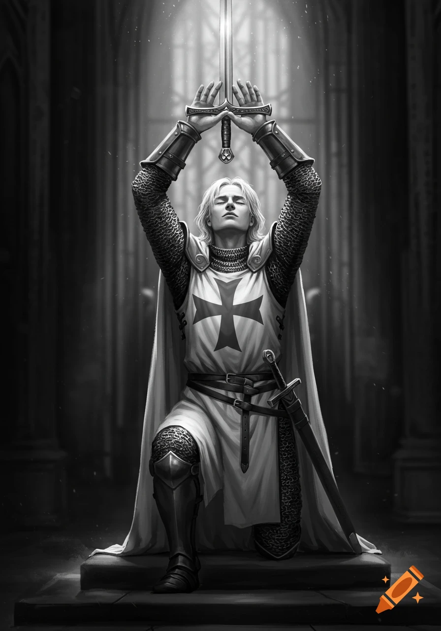 A solemn knight in Templar armor kneels in a black and white scene ...