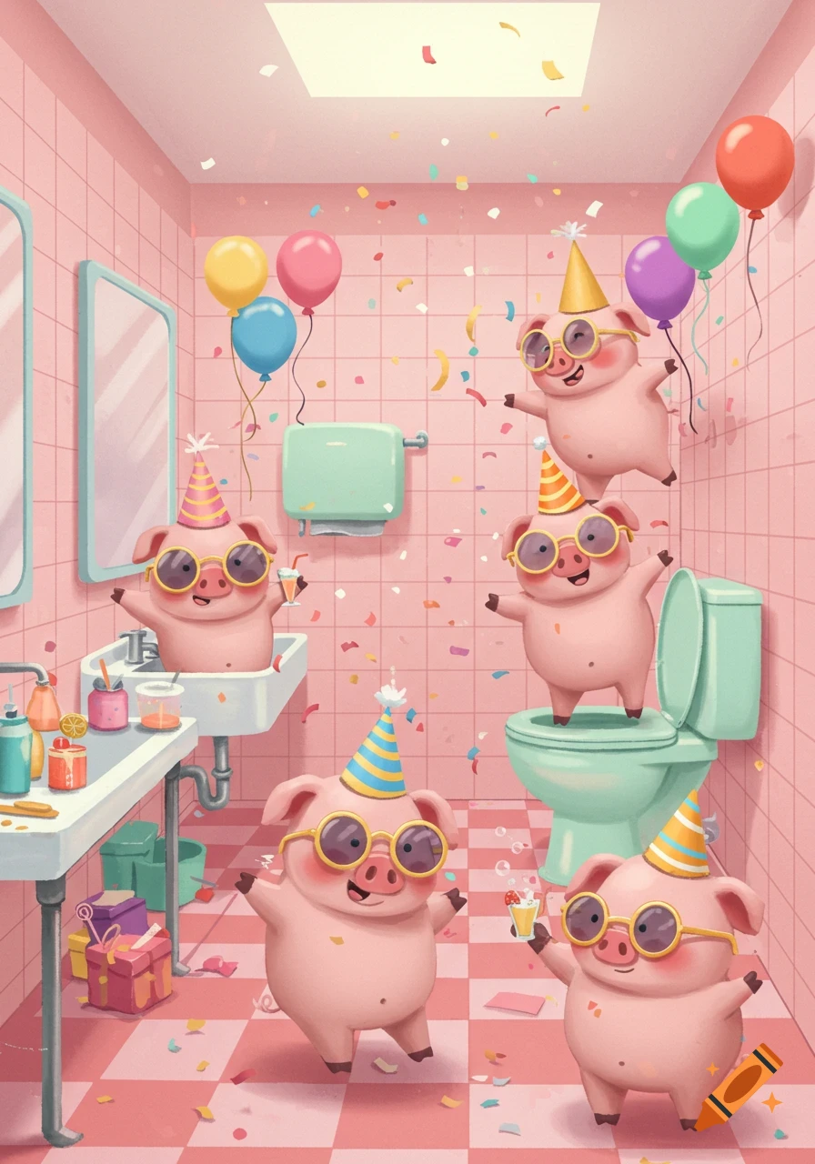 Whimsical cartoon pigs in party hats and sunglasses celebrate in a pink ...