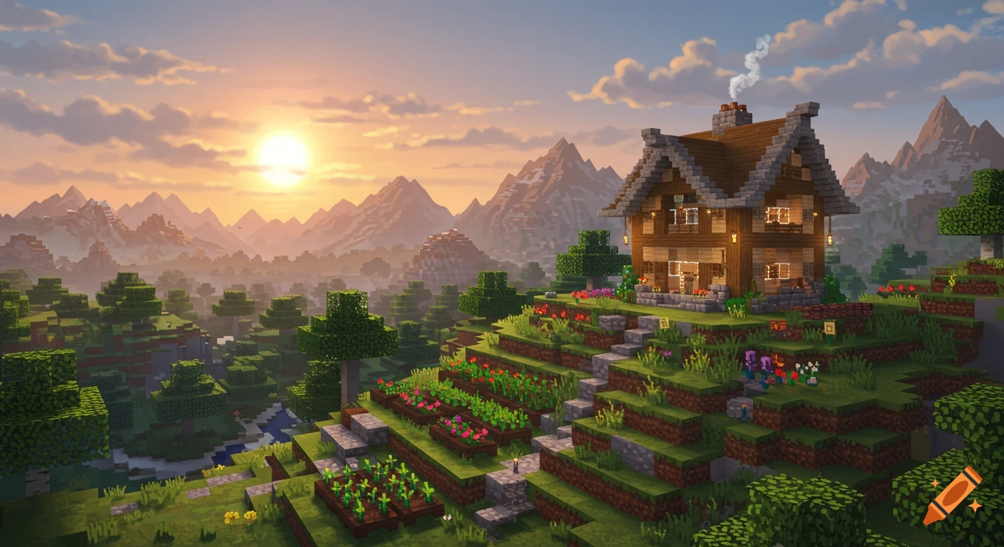 A tranquil Minecraft landscape at sunset, featuring a cozy wooden house ...