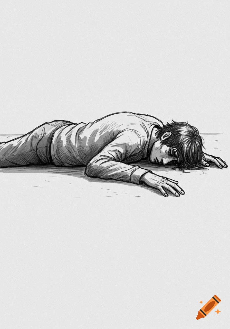 Monochrome sketch of a man lying face down on the ground, looking ...