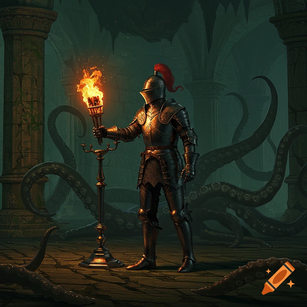 A knight in full armor holds a torch in a dark, ancient temple, as ...