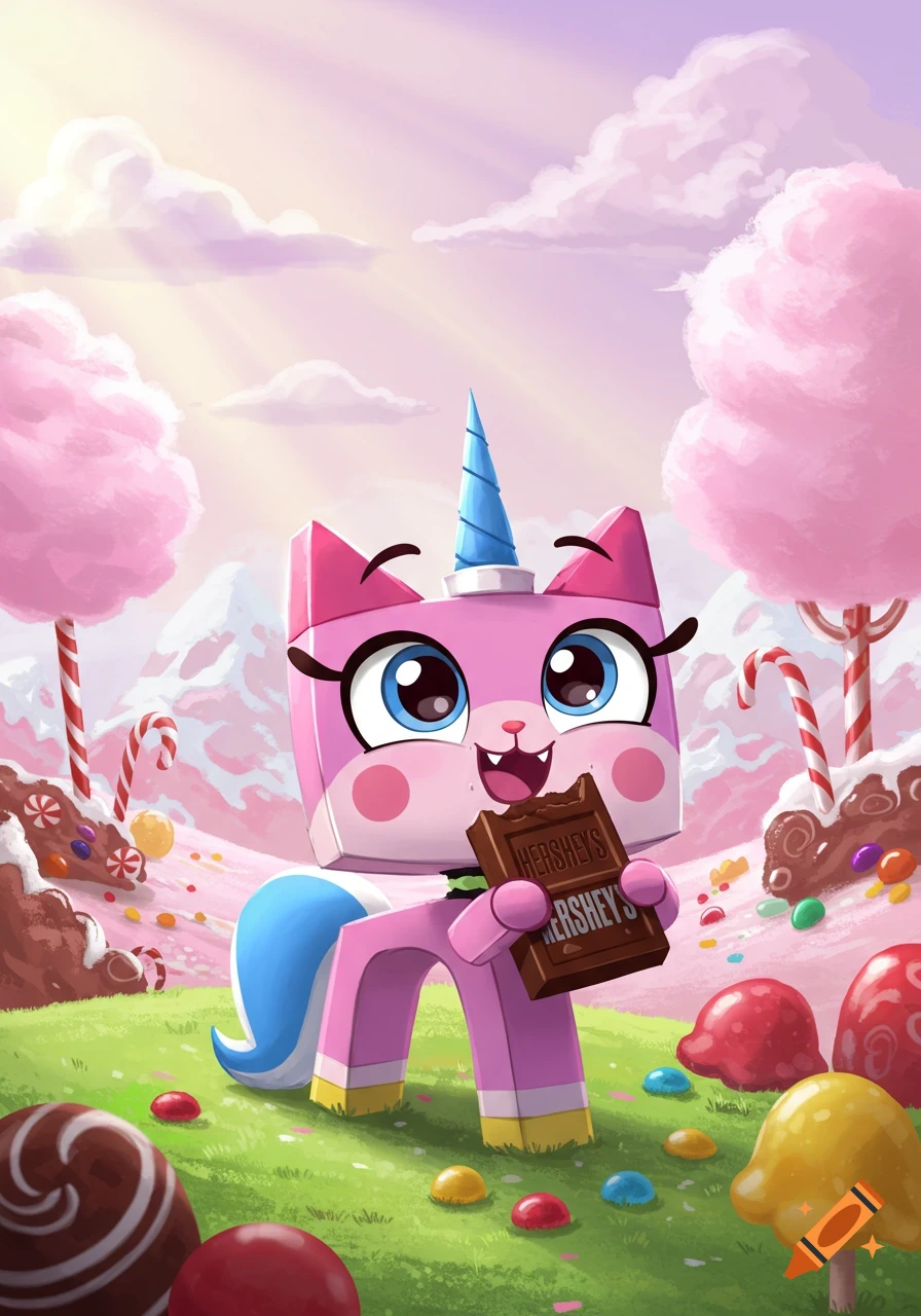 Unikitty happily eats a Hershey's chocolate bar in a vibrant candy ...