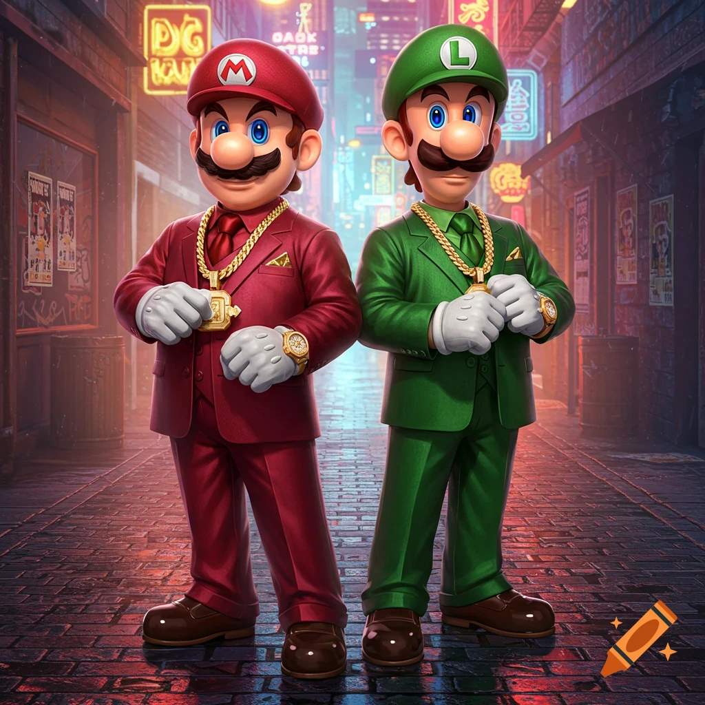 Mario and Luigi in red and green suits, gold chains, and watches ...