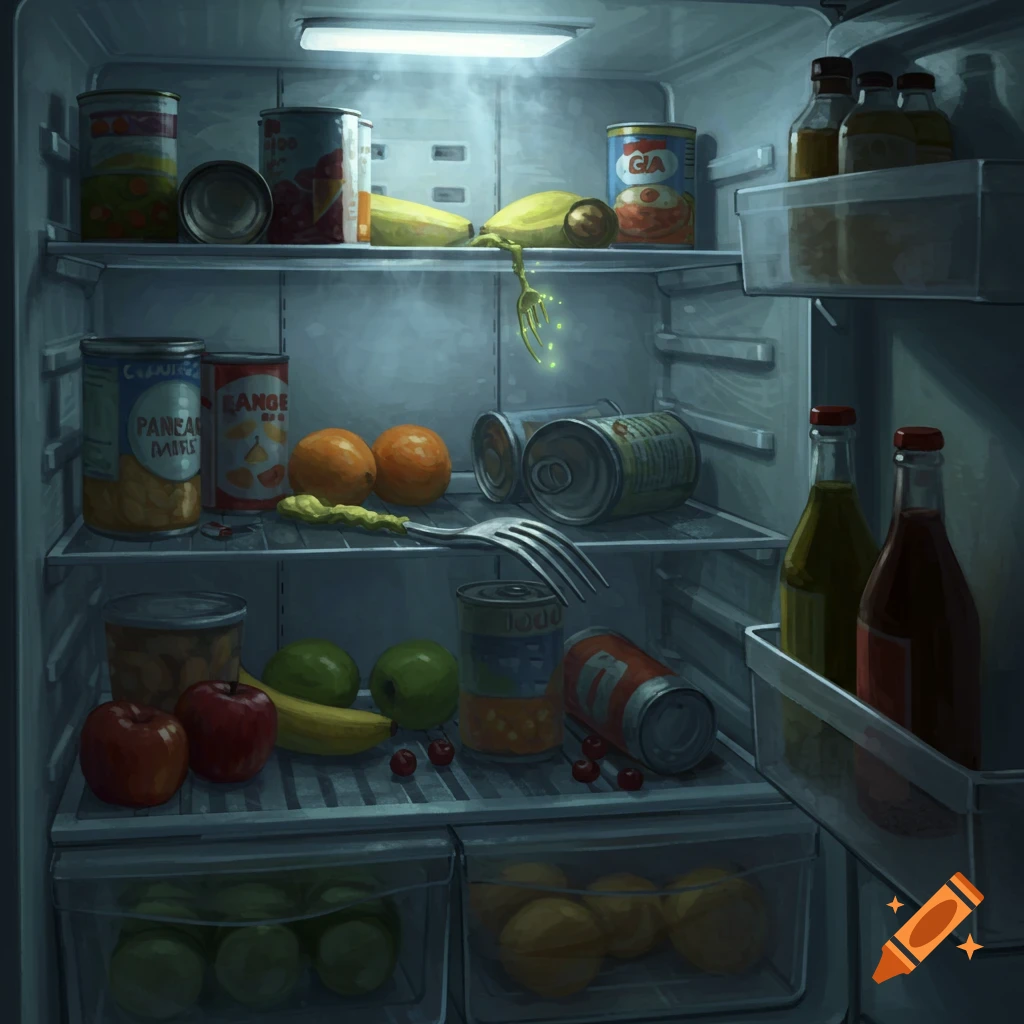 A dimly lit refrigerator filled with cans, fruits, and bottles, with a ...