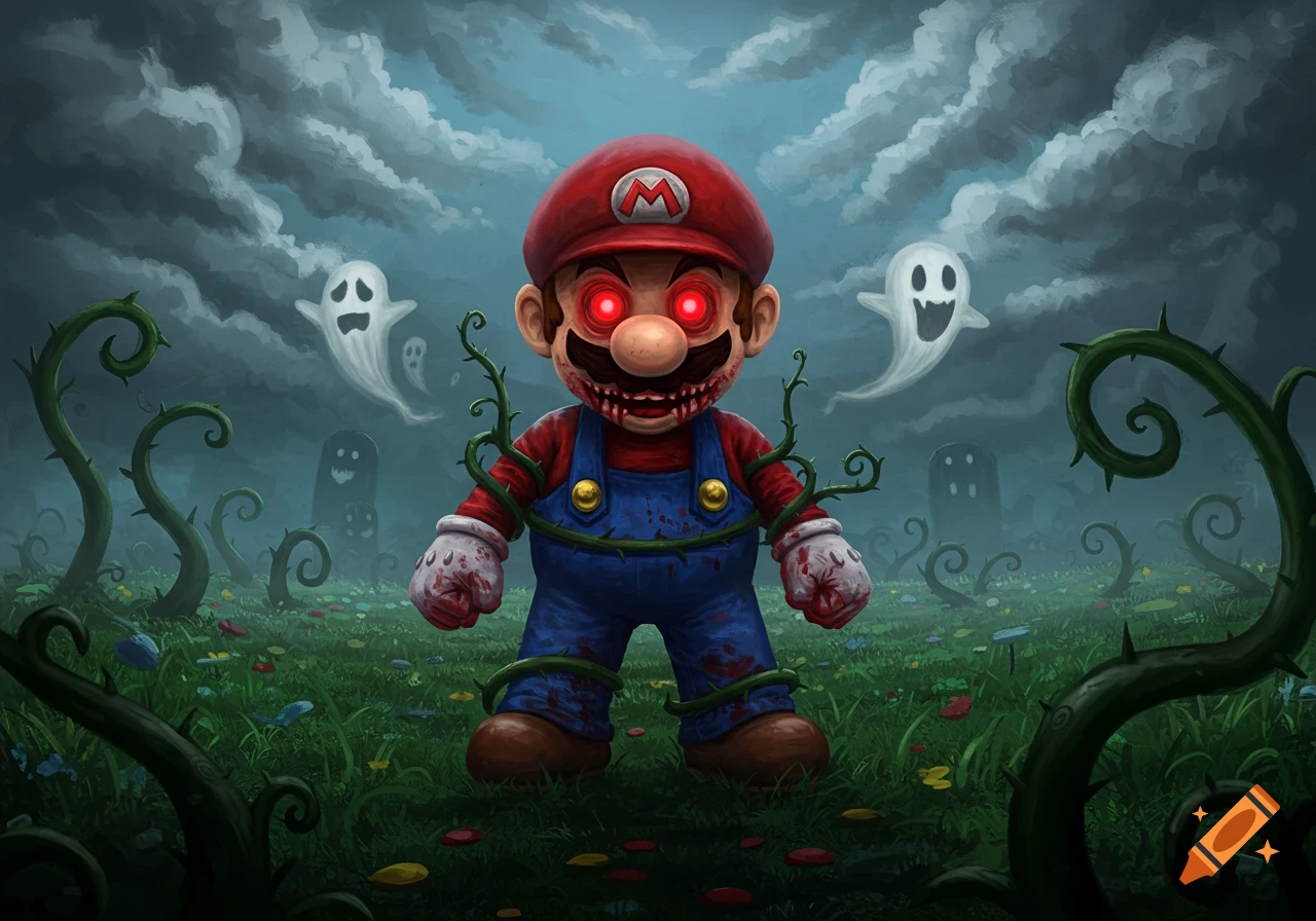 Cursed Mario with glowing red eyes, bloody mouth, and thorny vines in a ...
