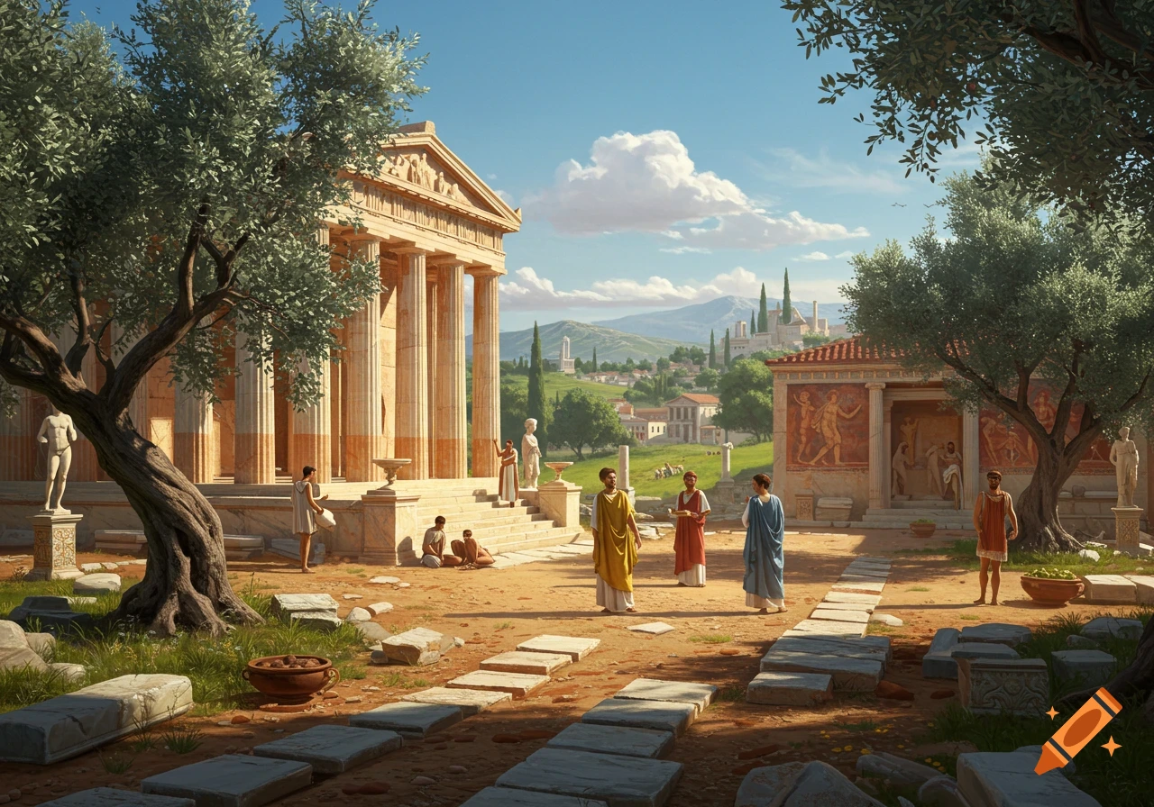 A vibrant depiction of an ancient Greek landscape with classical ...