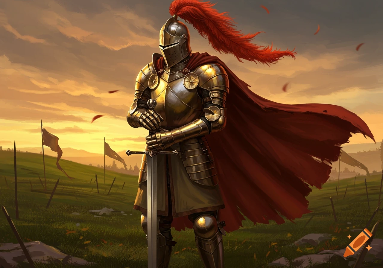 A knight in shining gold and silver armor with a red plume stands in a ...