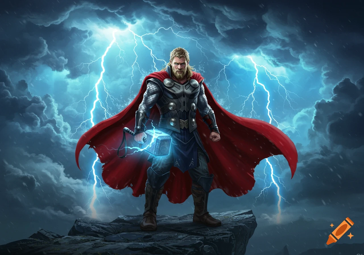 Thor, the superhero, stands on a rocky outcrop amidst a stormy sky with ...