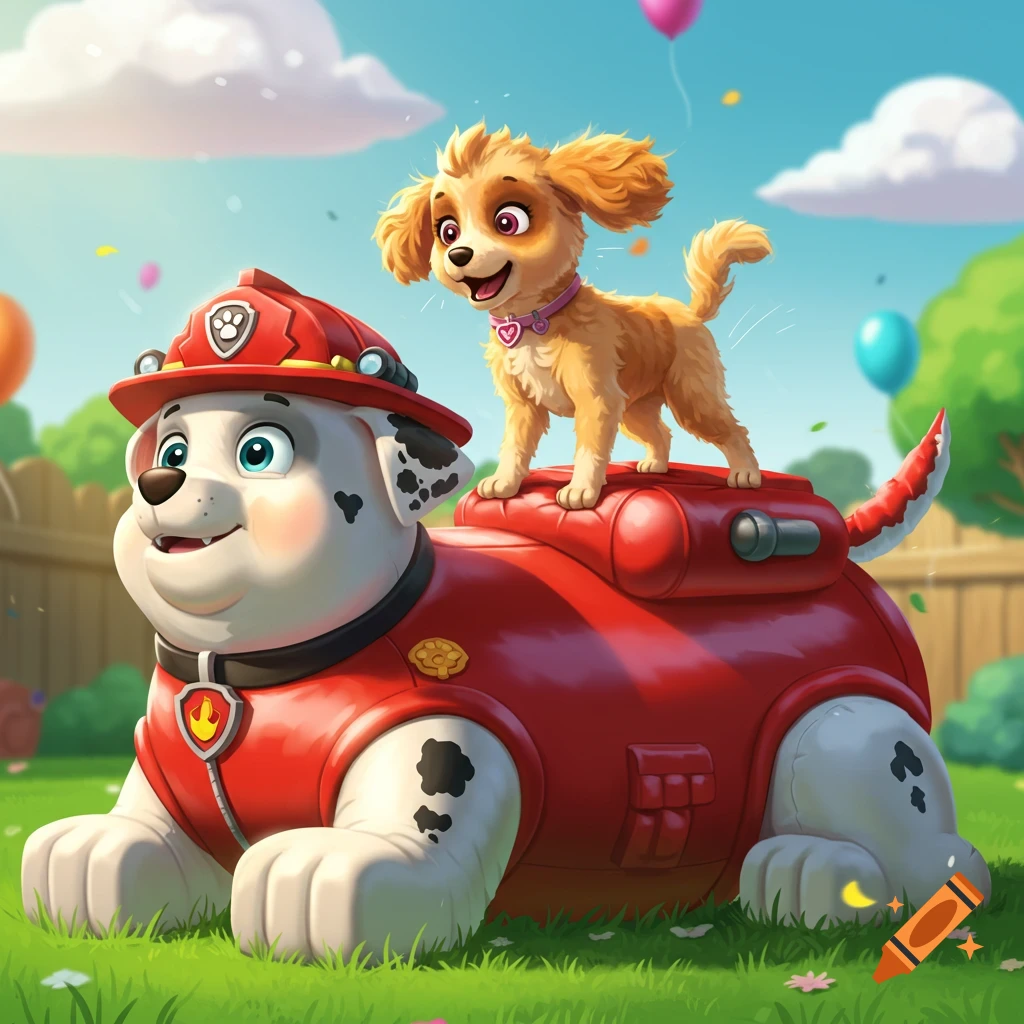 Cartoon Skye the cockapoo stands on Marshall the dalmatian, both from ...