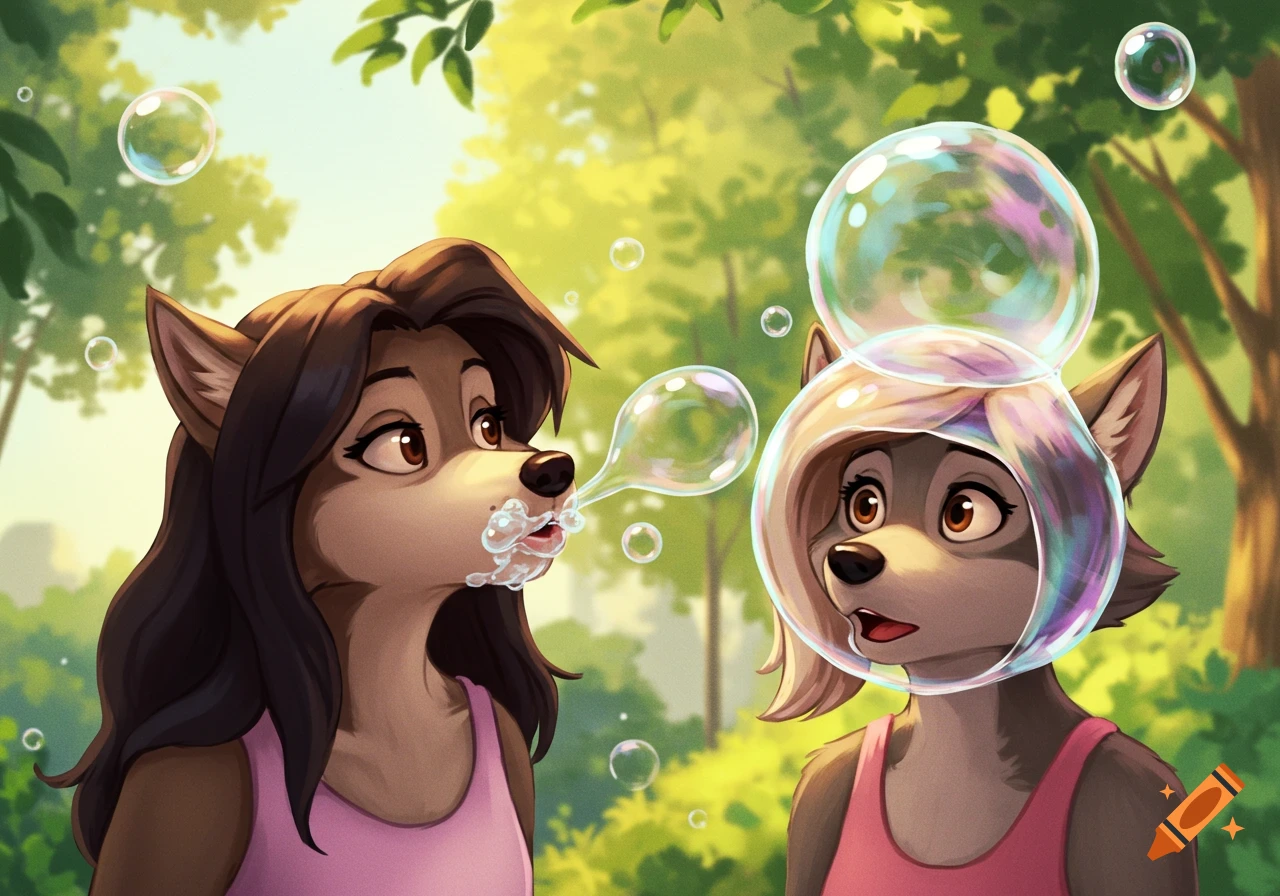 Two Disney-style anthropomorphic wolf women playing with bubbles ...