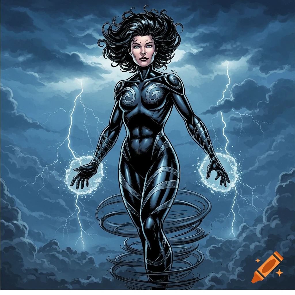 A female superhero in a black and grey suit stands against a stormy sky ...
