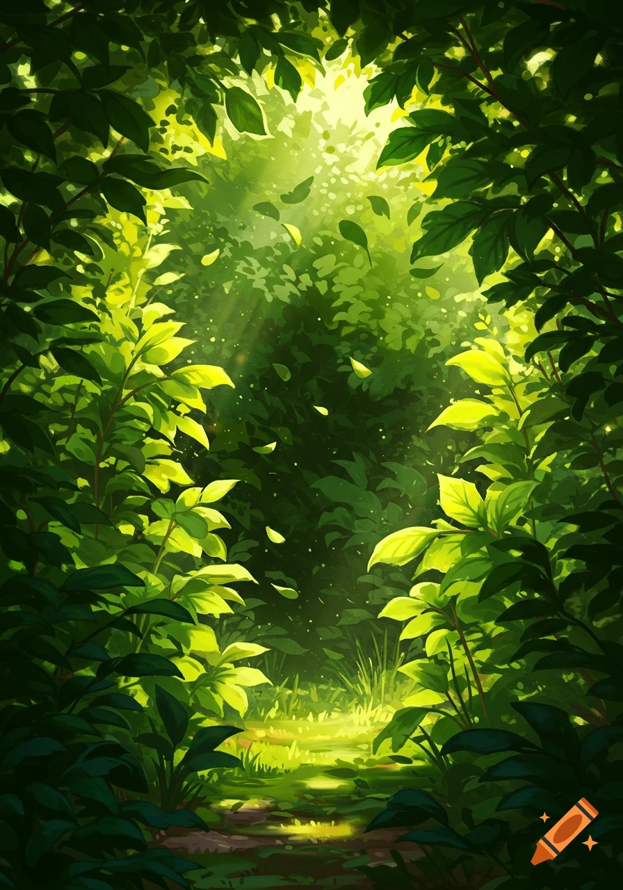A vibrant, lush green forest with sunlight streaming through the canopy ...