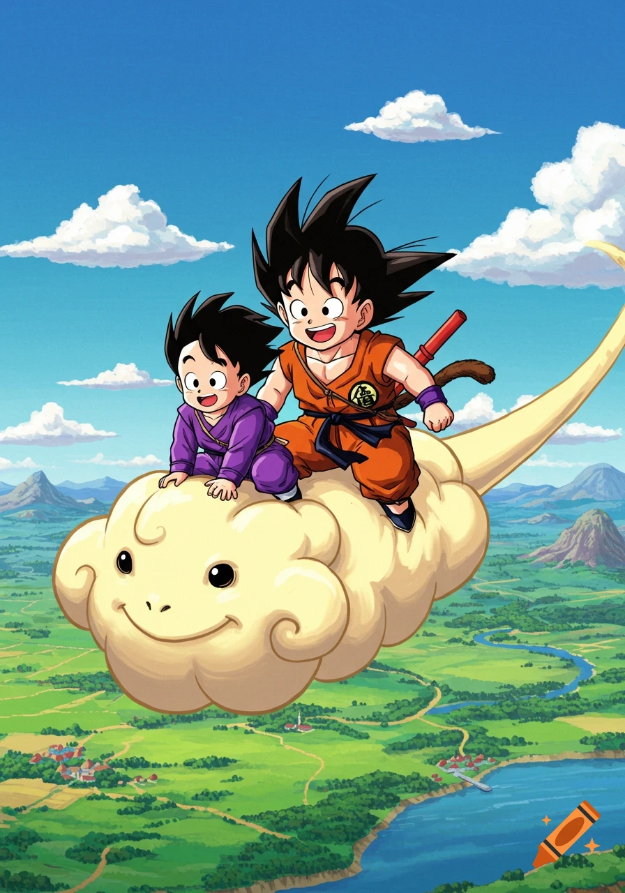 Goku and Gohan from Dragon Ball Z flying on the yellow Flying Nimbus ...