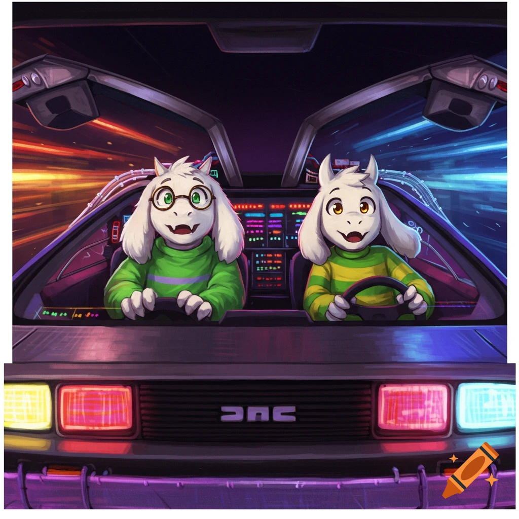 Two anthropomorphic goat characters drive a DeLorean Time Machine ...
